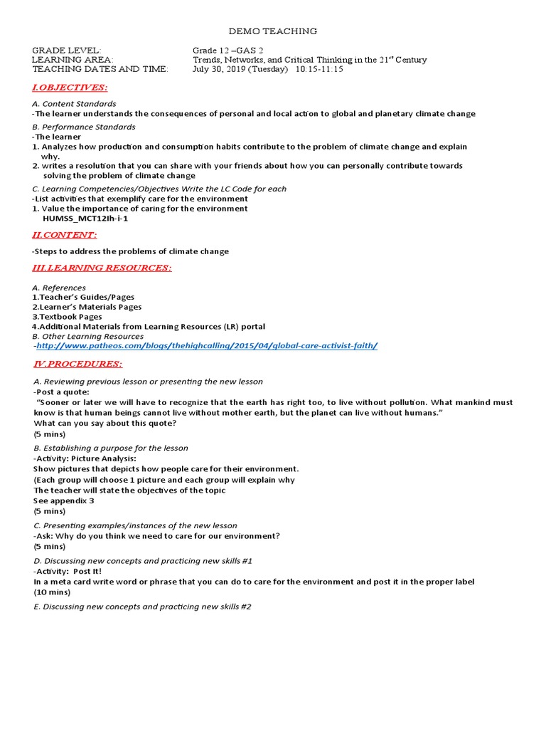 I.Objectives:: Demo Teaching | PDF | Critical Thinking | Global Warming