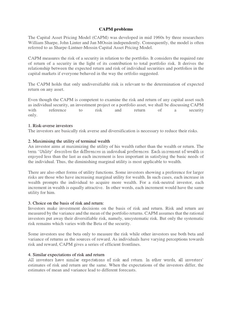 CAPM Problems: 1. Risk-Averse Investors | PDF | Capital Asset Pricing ...