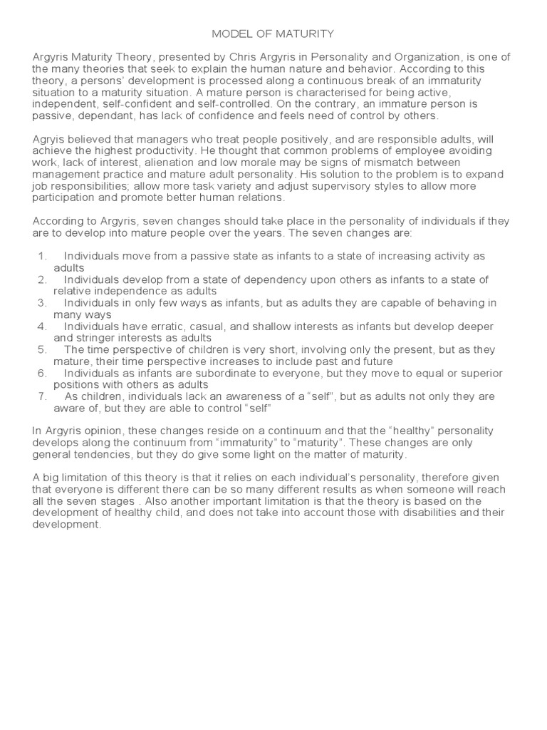 Argyris Maturity Theory | PDF | Applied Psychology | Behavioural Sciences