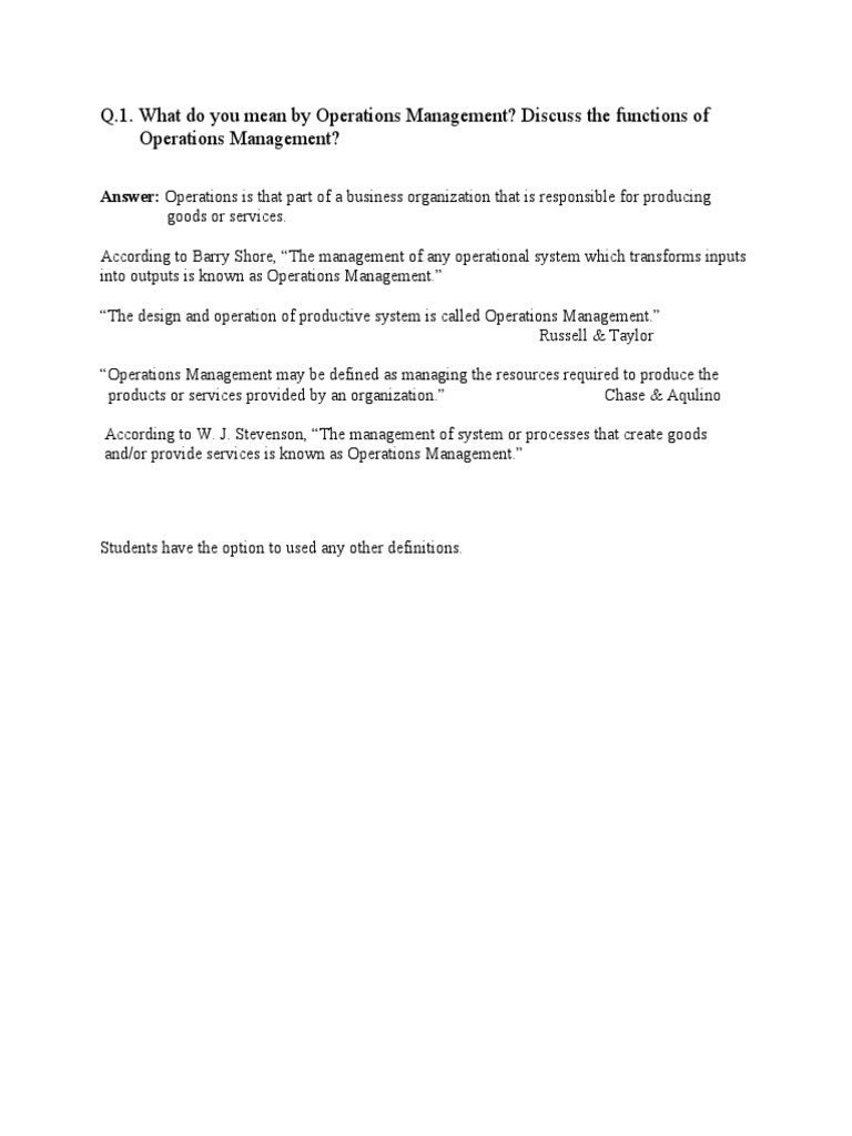 Q.1. What Do You Mean by Operations Management? Discuss The Functions ...