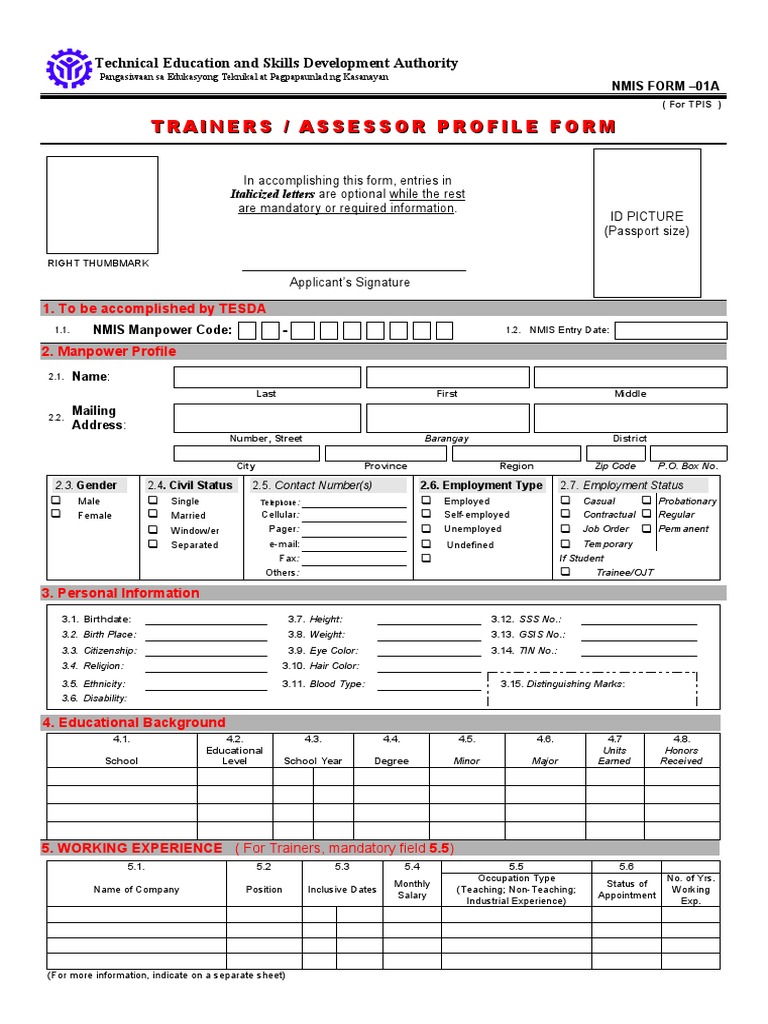 TESDA Trainer/Assessor Profile Form | PDF | Labour | Employment