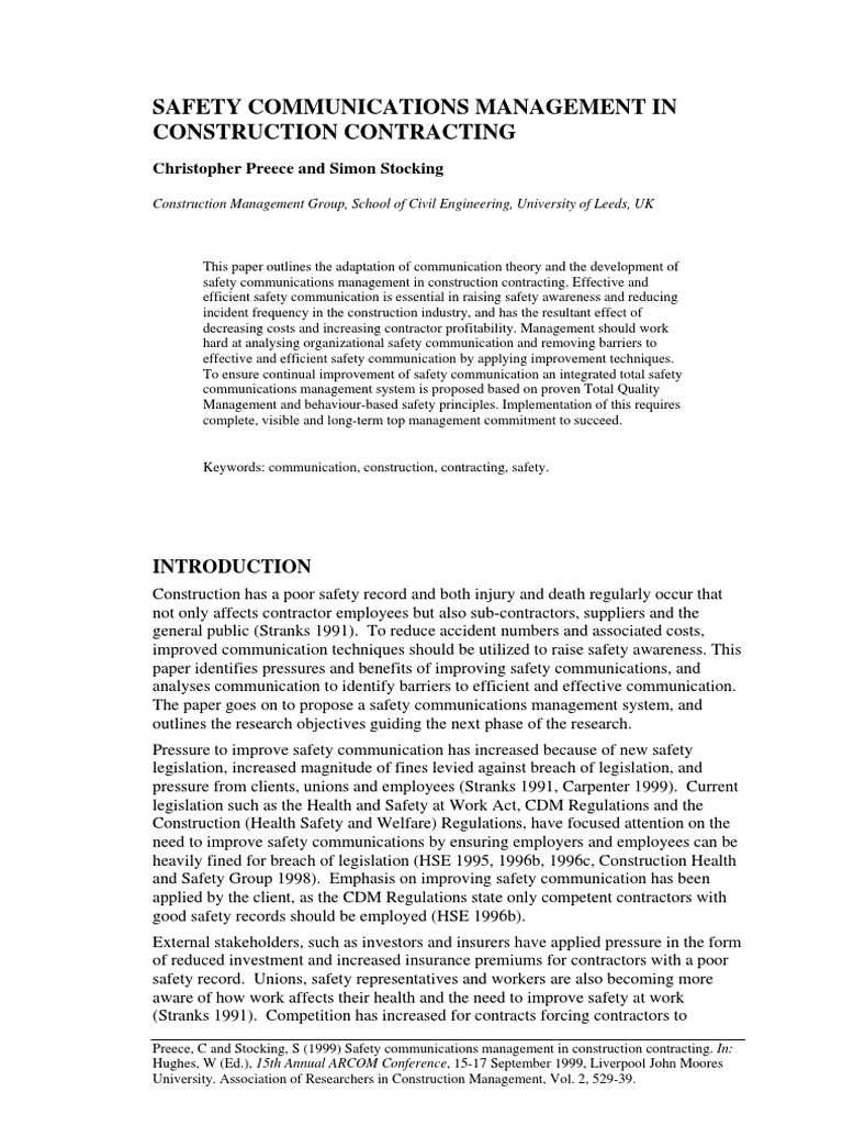 Safety Communications Management in Construction Contracting | PDF ...