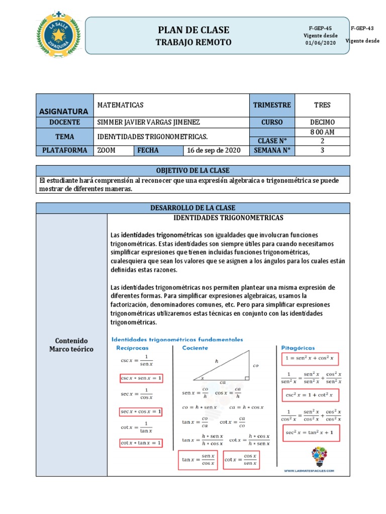 Plan de Clase Identidades Trigonometricas | PDF | Funciones trigonométricas | Enseñanza de ...