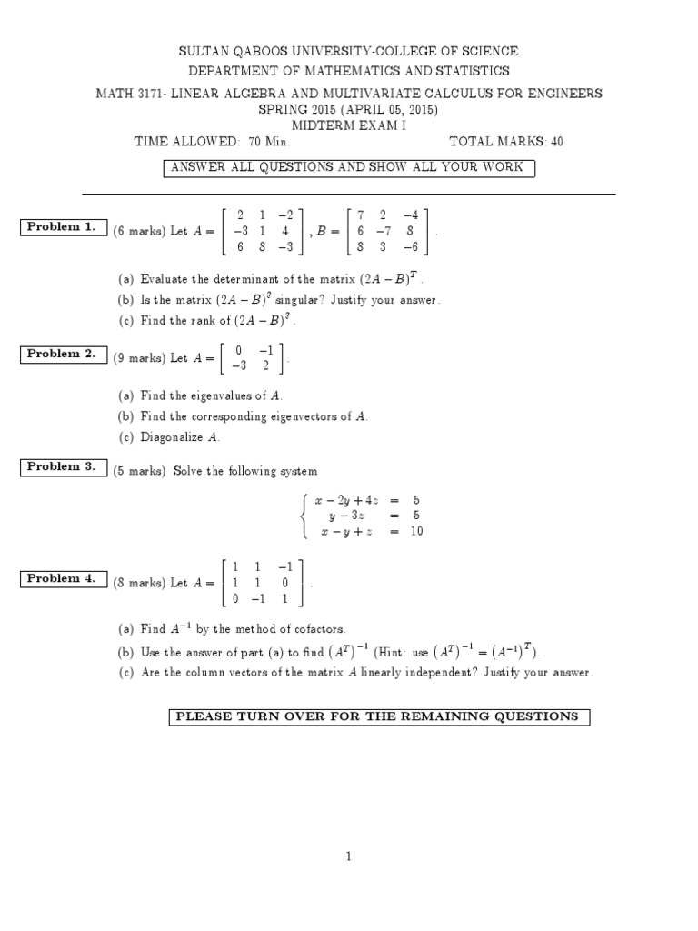 Linear Algebra Concepts and Applications: A Midterm Exam for an ...