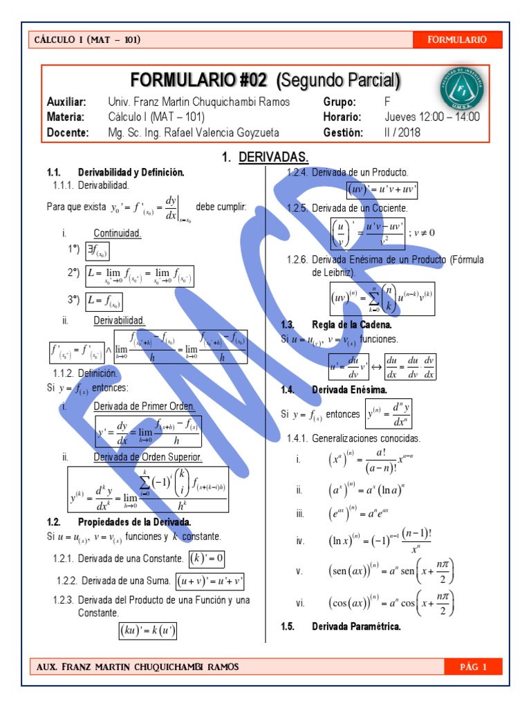 Formulario 2P MAT101 (02-2018) PDF | PDF | Derivado | Álgebra