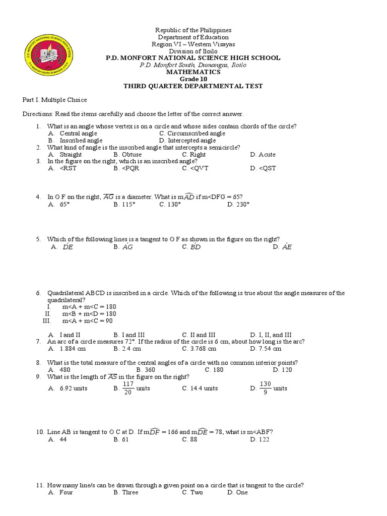 Grade 10 Math Exam New With TOS | PDF | Circle | Tangent