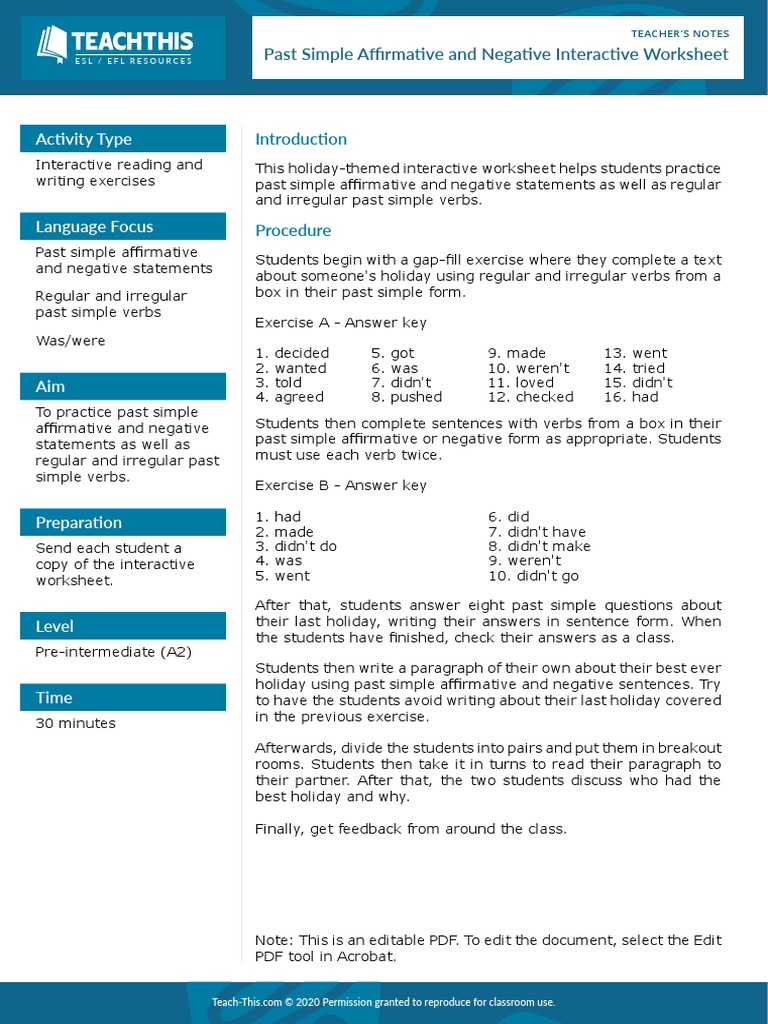 Past Simple Affirmative and Negative Interactive Worksheet Teachers ...