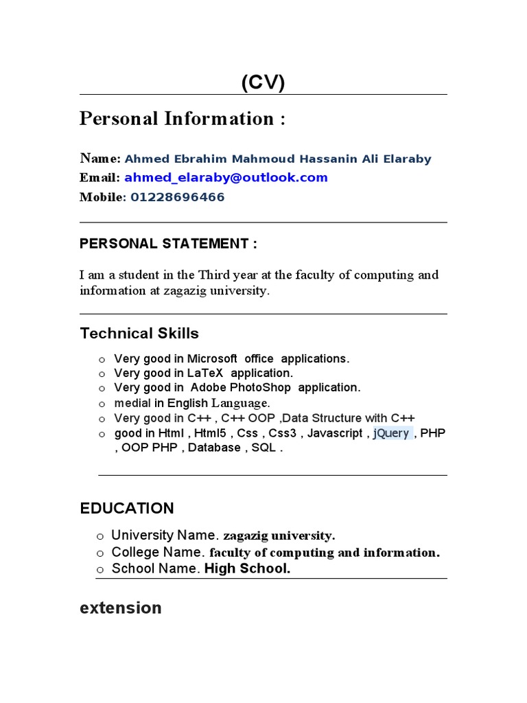 (CV) Personal Information:: Ame: Email: Mobile | PDF