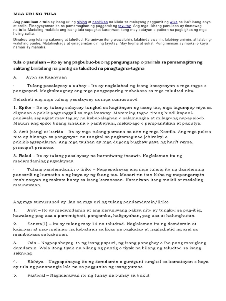 Mga Uri NG Tula | PDF