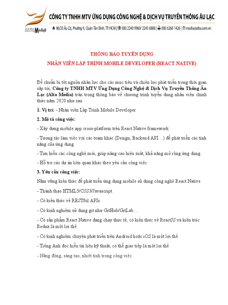 JD Lập Trình Mobile Dev (React Native) | PDF