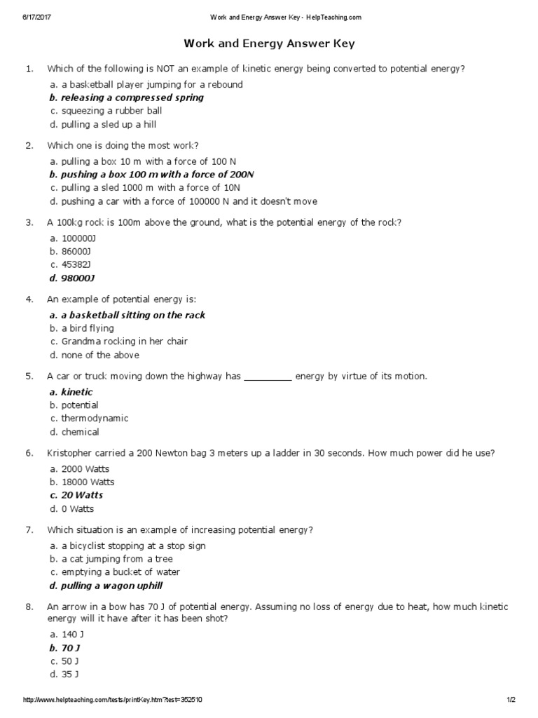 Work and Energy Answer Key | PDF | Kinetic Energy | Potential Energy
