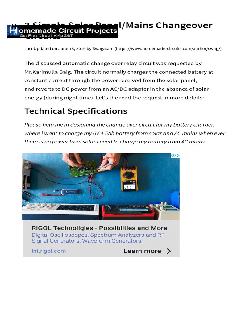 3 Simple Solar Panel - Mains Changeover Circuits Homemade Circuit Projects | PDF | Power ...