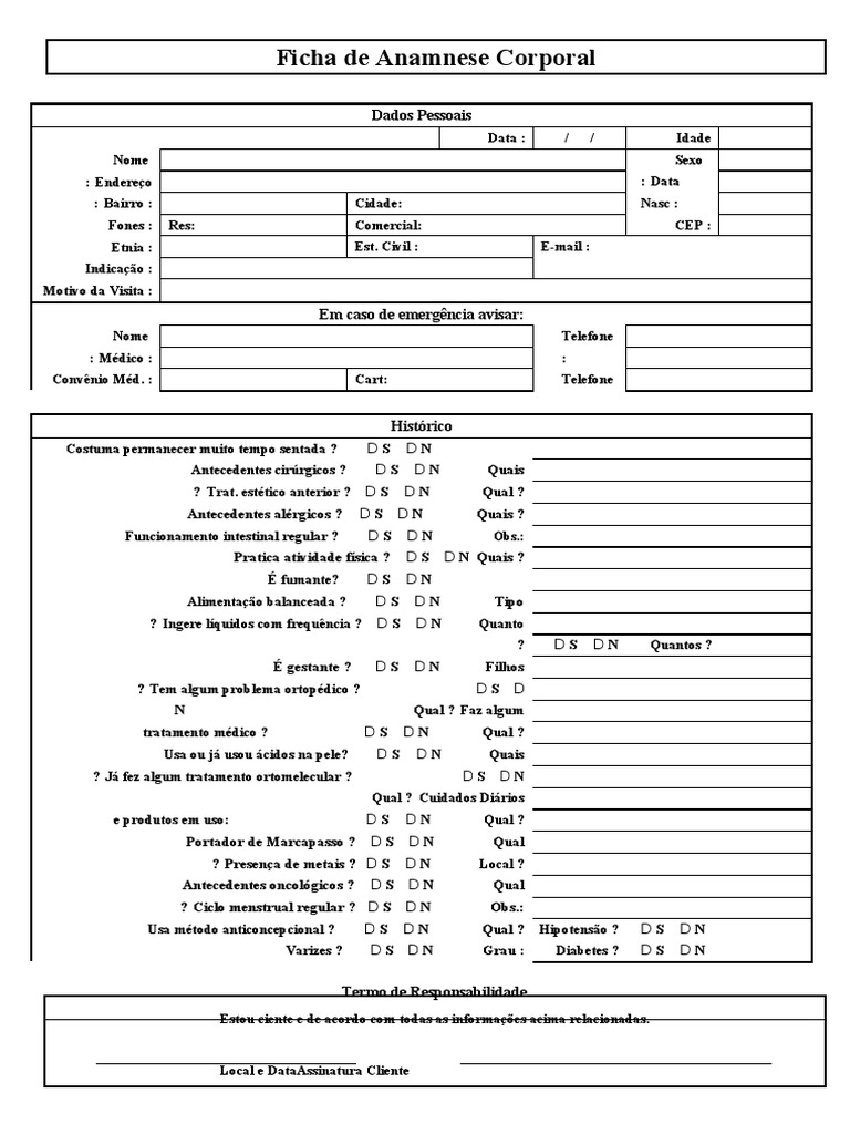 Ficha de Anamnese Corporal | PDF | Especialidades médicas | Medicina ...