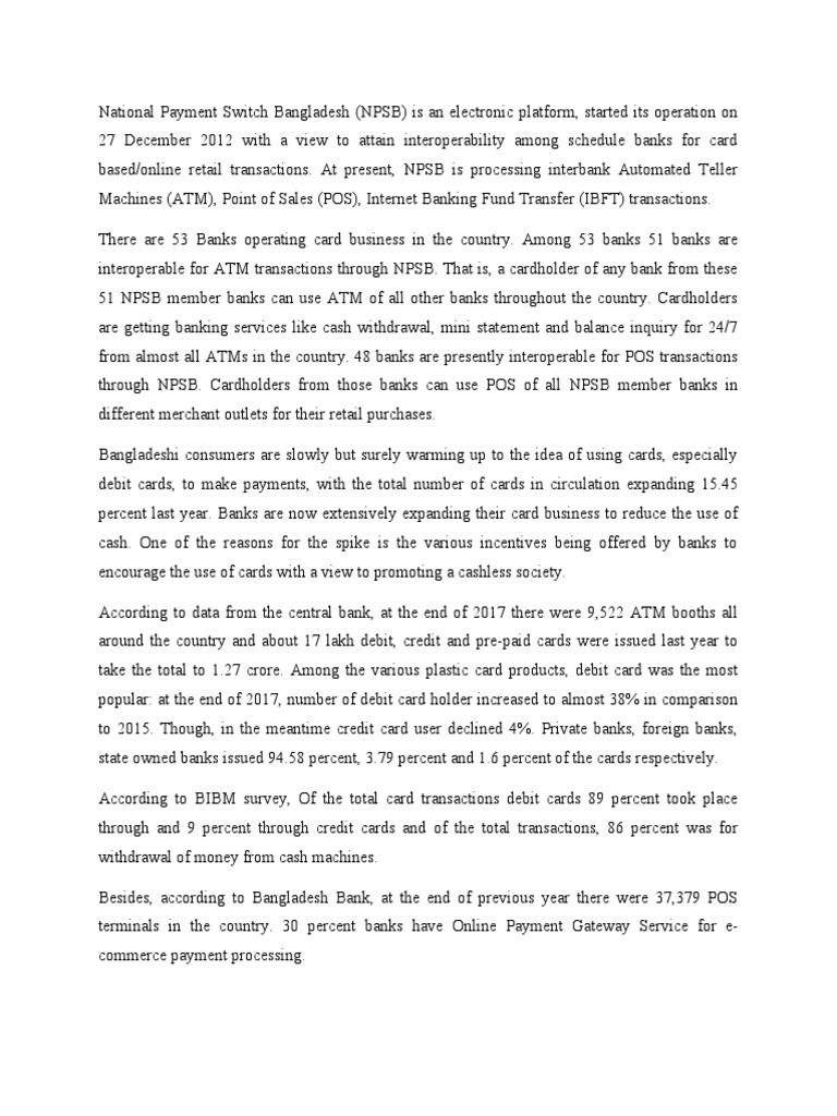 NPSB Overview: Bangladesh's Payment Switch | PDF | Debit Card | Credit Card