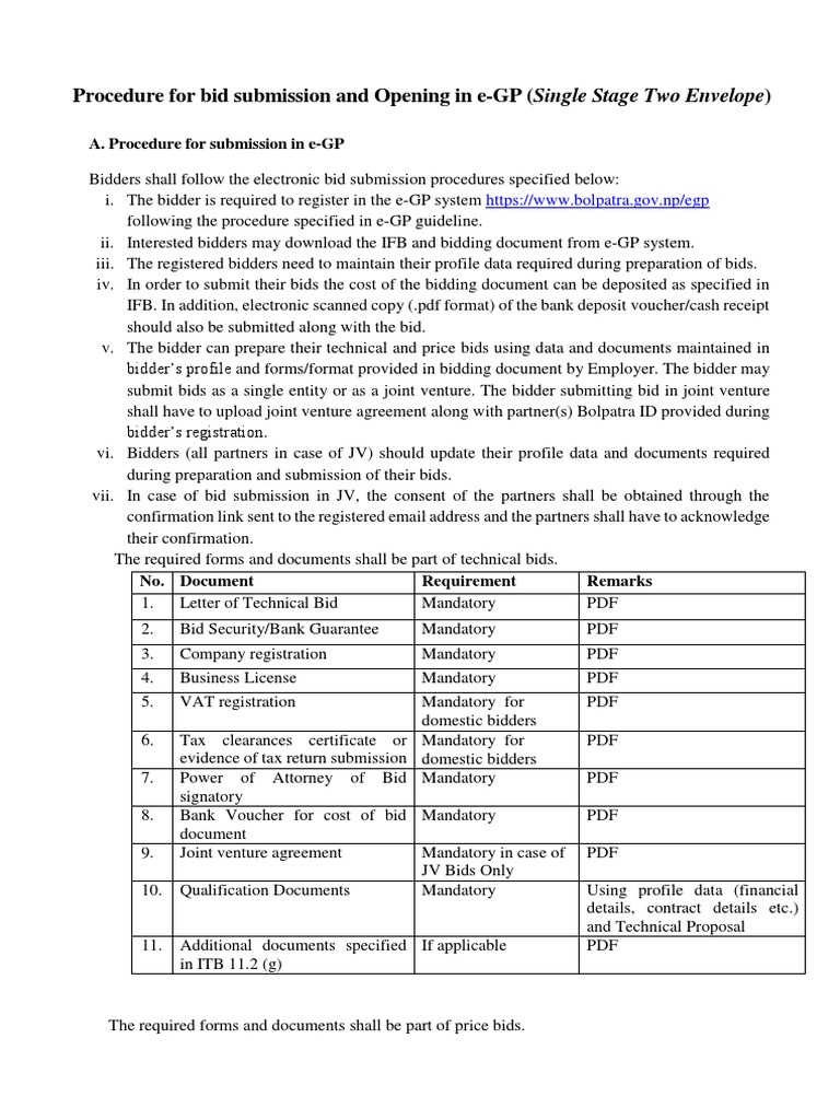 Procedure For Bid Submission and Opening in e-GP (Single Stage Two Envelope) | PDF | Joint ...
