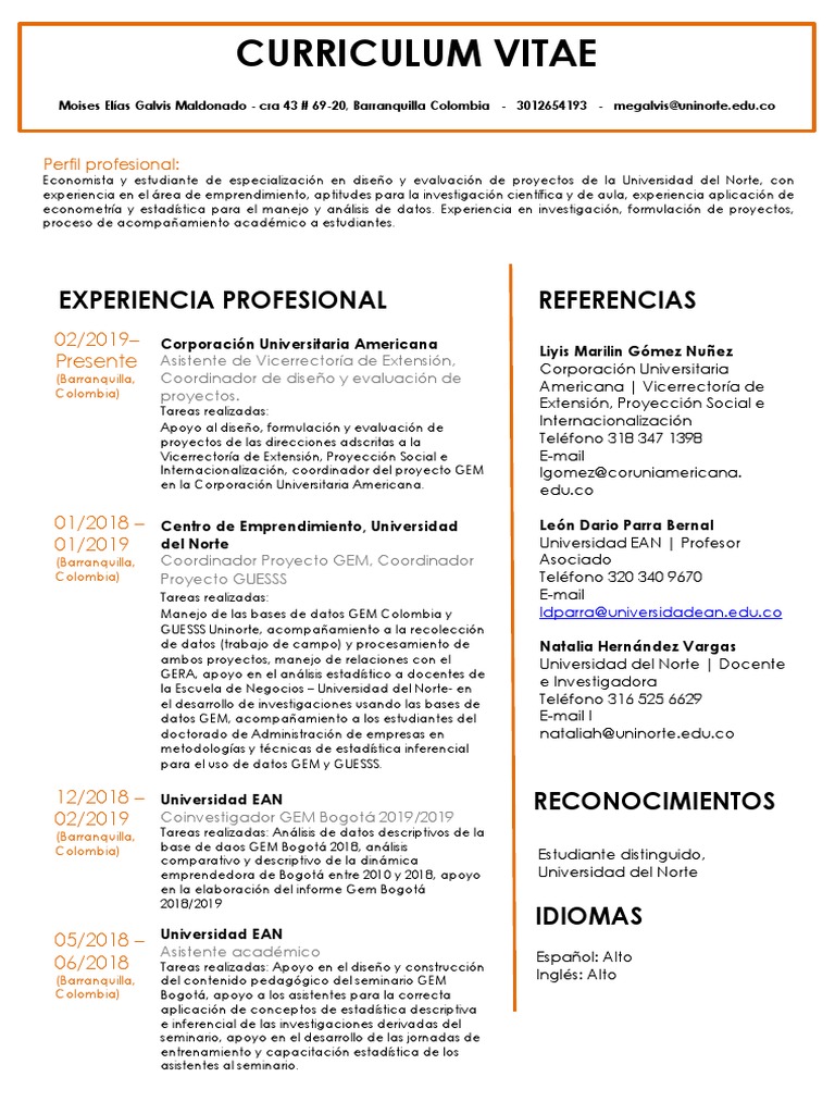 CV Moises Galvis V2 | PDF | Iniciativa empresarial | Estadísticas