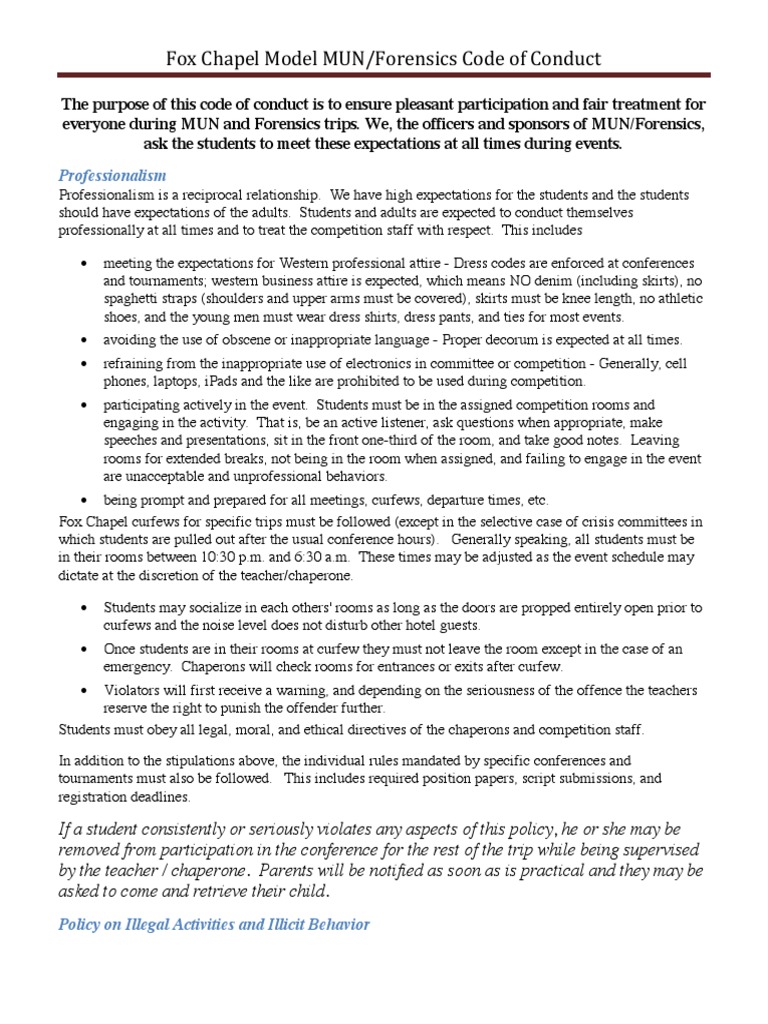 Fox Chapel Model MUN/Forensics Code of Conduct: Professionalism | PDF ...