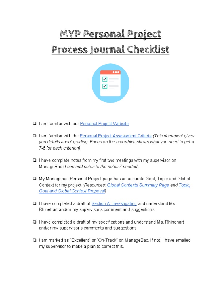 Process Journal Checklist For MYP Personal Project | PDF | Goal | Learning