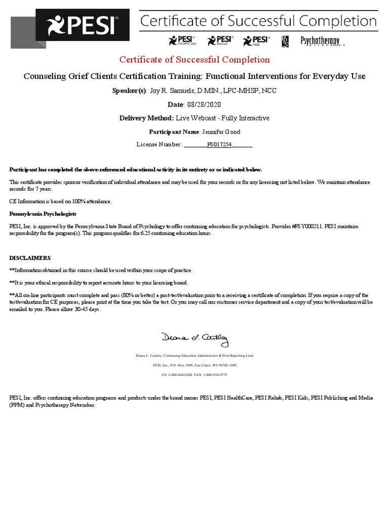 Certificate Counseling Grief Clients Certification Training Functional ...