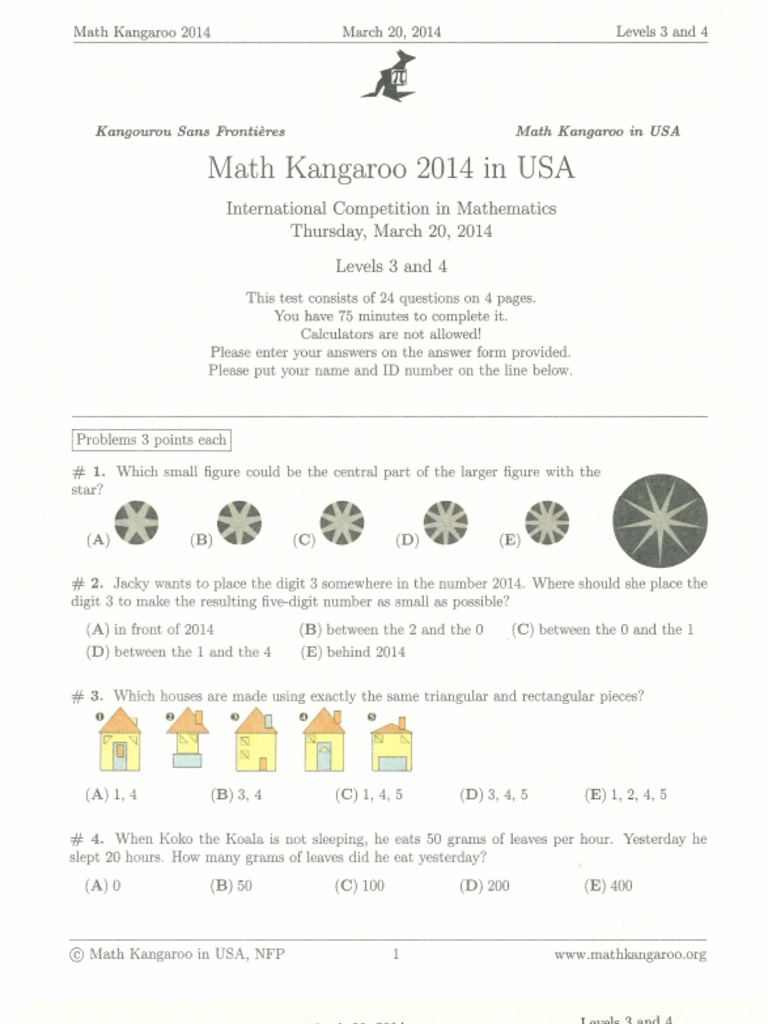 Math Kangaroo 2014 Levels 3-4 Test | PDF | Teaching Mathematics