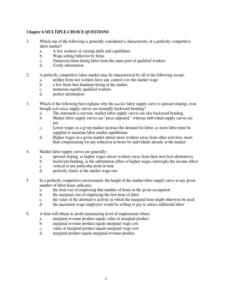 Chapter 6 MULTIPLE-CHOICE QUESTIONS | PDF | Labour Economics | Supply (Economics)