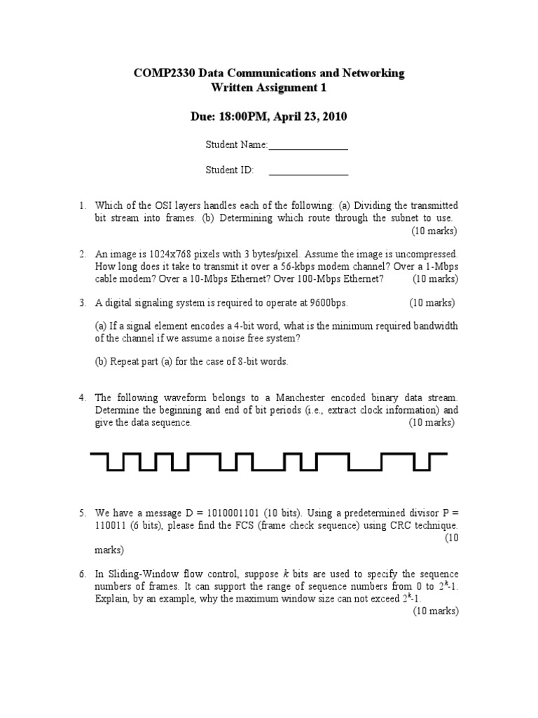COMP2330 Data Communications and Networking Written Assignment 1 Due ...