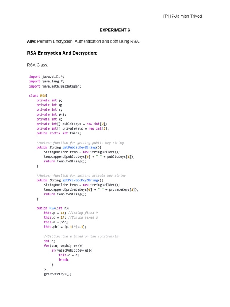 RSA Encryption and Decryption:: Experiment 6 Aim | PDF | Encryption | Public Key Cryptography