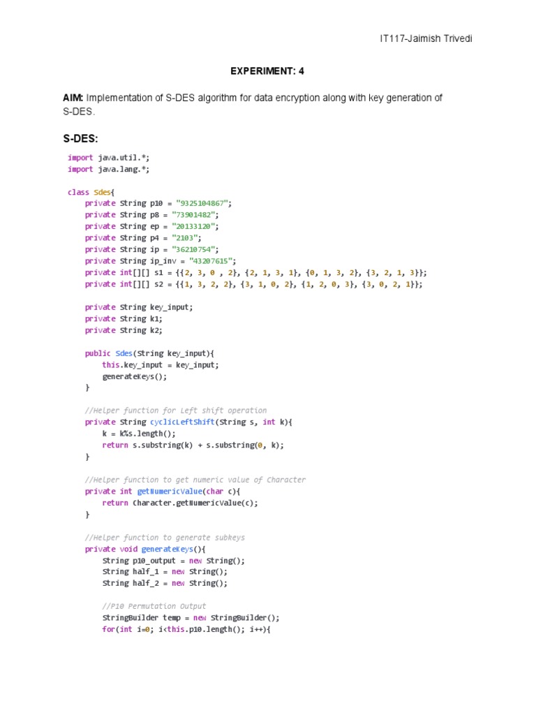 S-DES:: Experiment: 4 Aim | PDF | String (Computer Science) | Algorithms