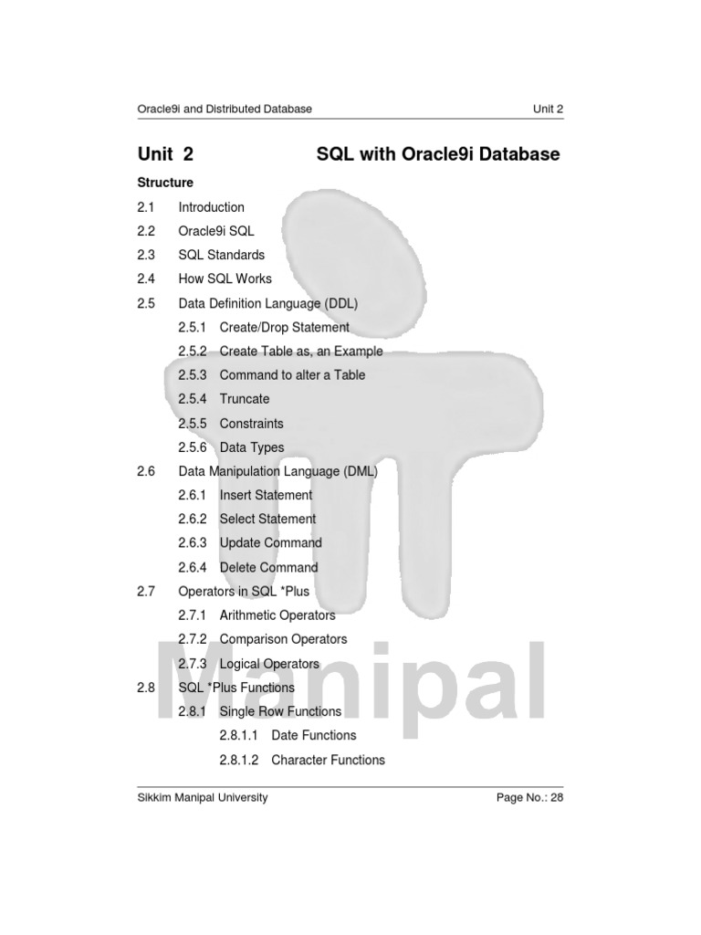 Unit 2 Sql With Oracle9i Database Structure Pdf Relational