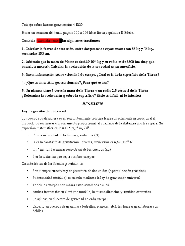 Trabajo Sobre Fuerzas 4ESO | PDF | Gravedad | Ley de Newton de la ...
