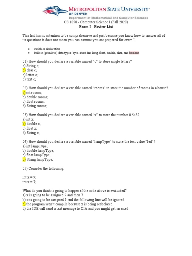 Exam I (Review List) - Answer Key | PDF | Constructor (Object Oriented ...