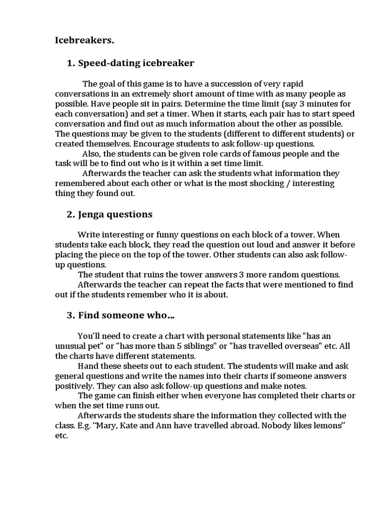 Icebreakers. 1. Speed-Dating Icebreaker | PDF