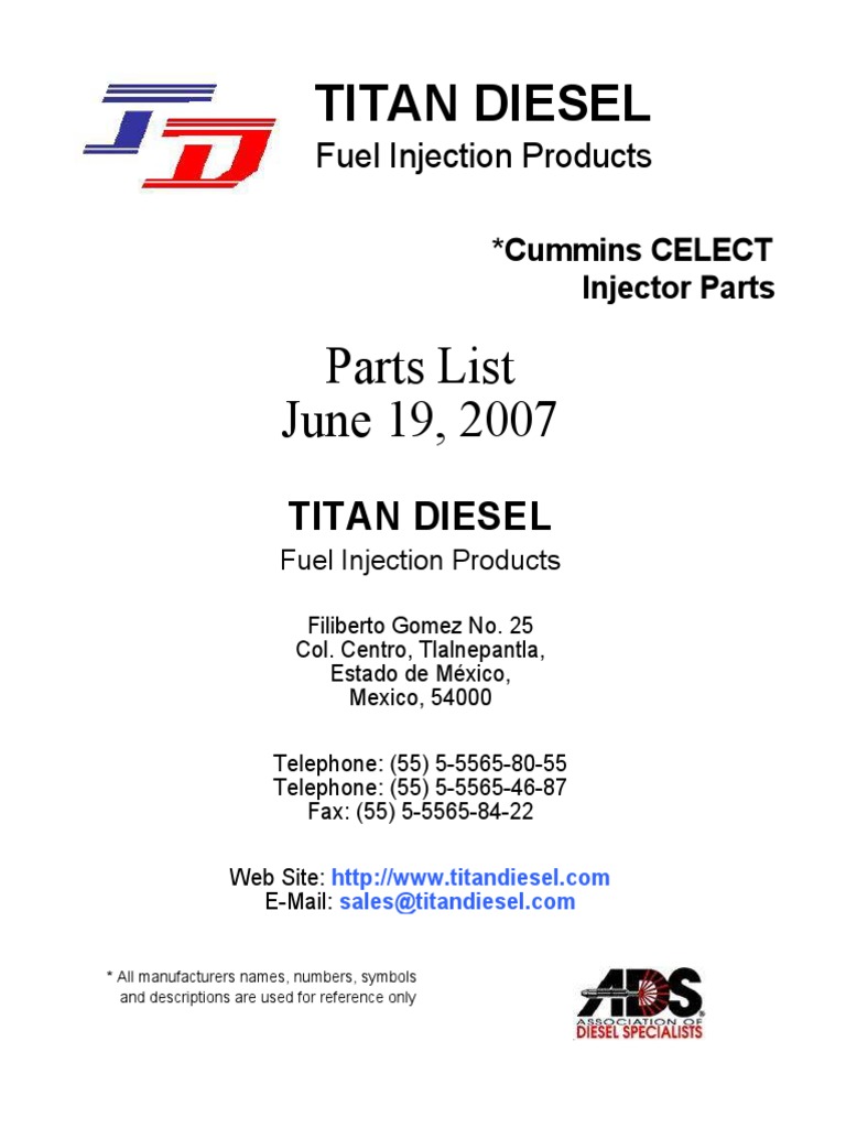 Cummins CELECT Injector Parts List | PDF | Fuel Injection | Diesel Engine