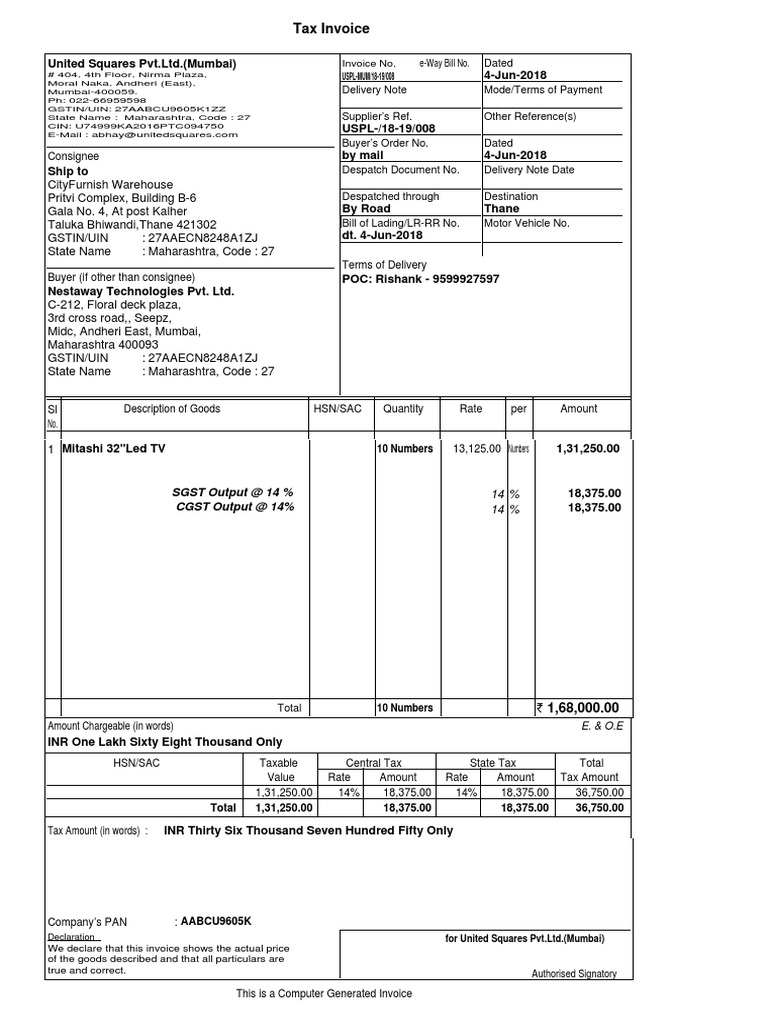 Invoice for the Sale of 10 Mitashi 32-Inch LED TVs from United Squares ...