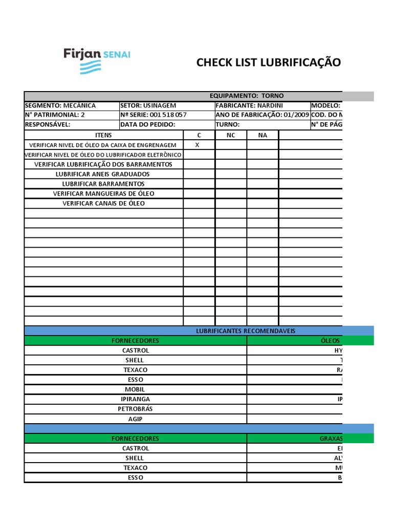 Check List de Lubrificação Diario | PDF