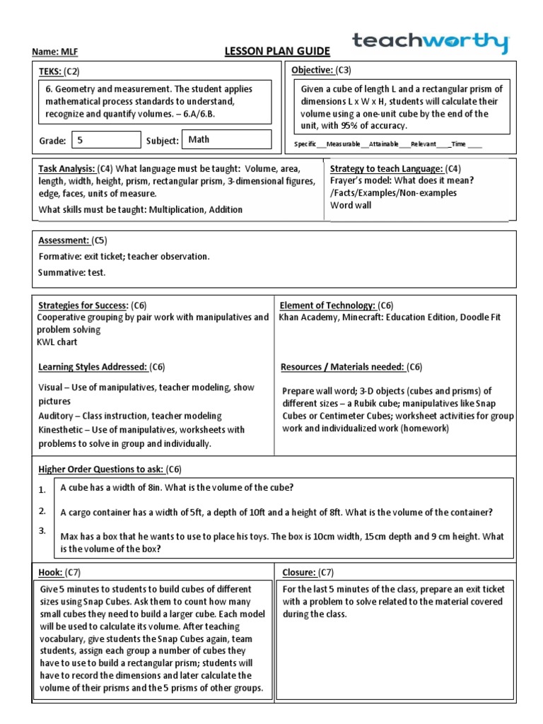 Lesson Plan Guide | PDF | Lesson Plan | Volume