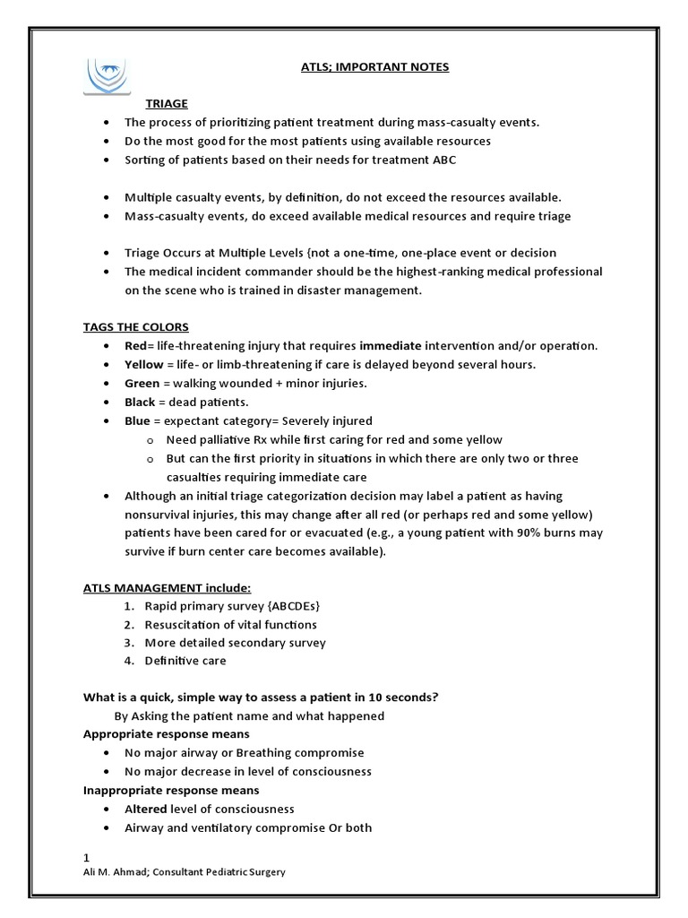 Atls Important Notes Triage: Ali M. Ahmad Consultant Pediatric Surgery ...