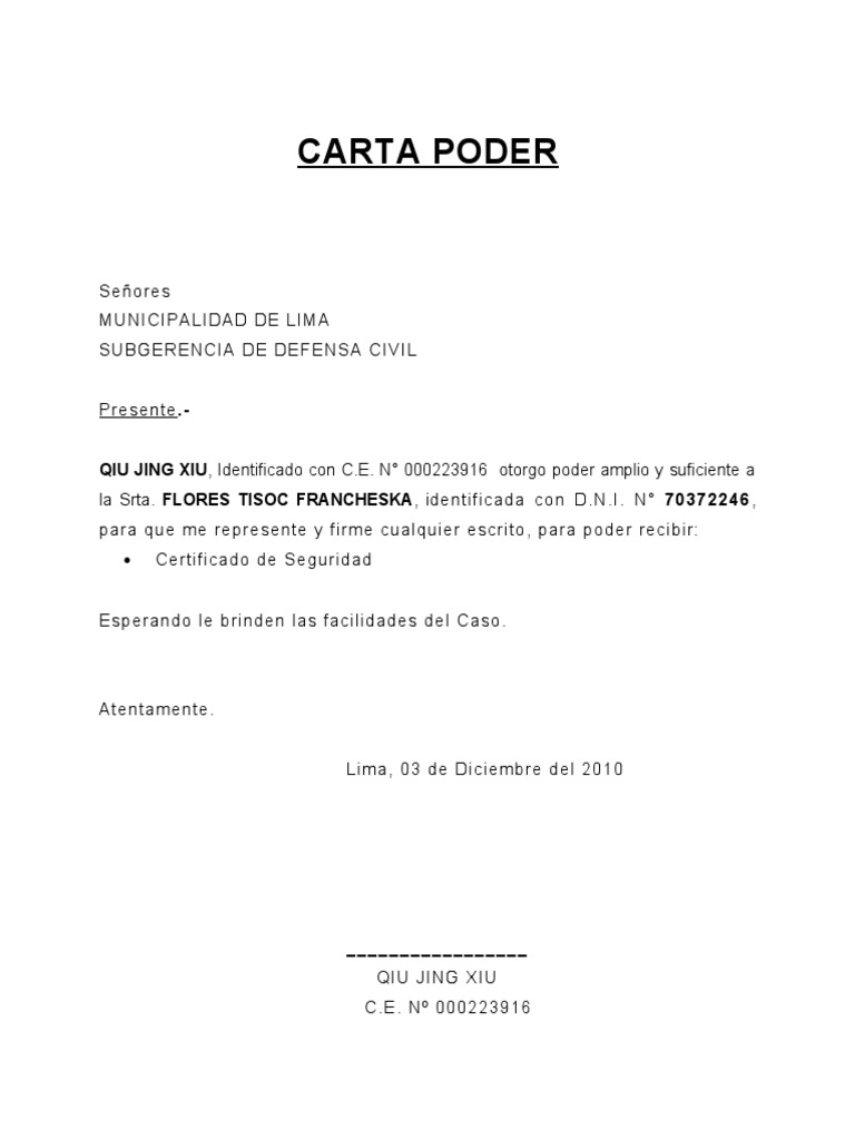 Carta Poder-Municipalidad de Lima - Defensa Civil - Qiu Jing Xiu | PDF