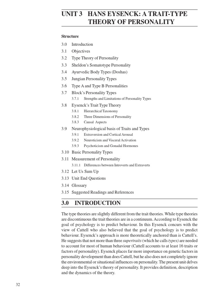 Unit 3 Hans Eysenck: A Trait-Type Theory of Personality: Structure | PDF | Extraversion And ...