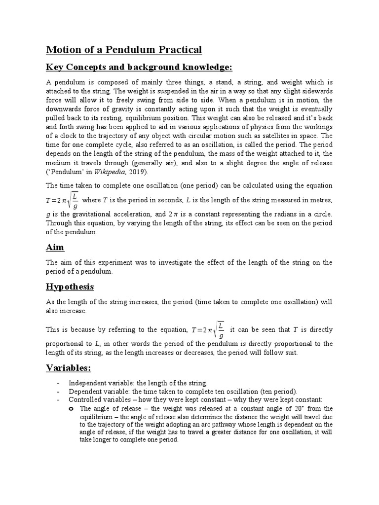 Motion of A Pendulum Practical: Key Concepts and Background Knowledge ...