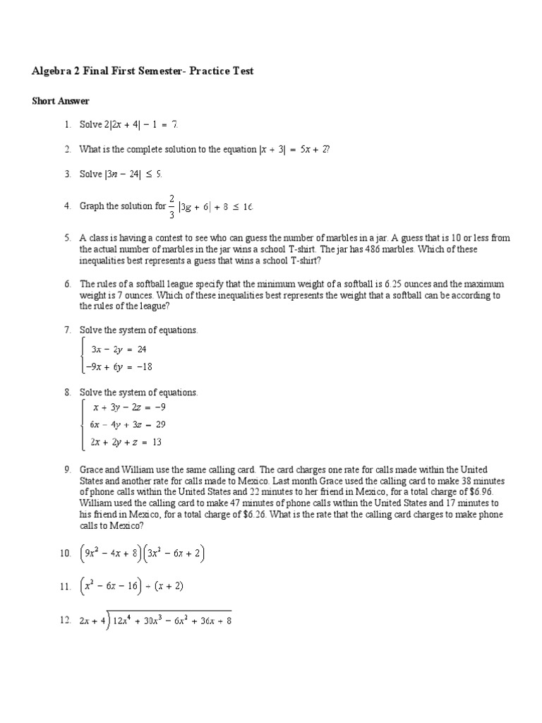 Algebra 2 Final First Semester-Practice Test: Short Answer | PDF ...