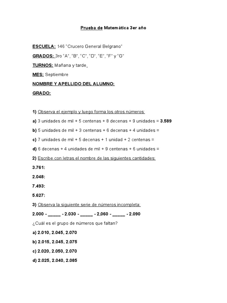 Pruebita de Repaso 2do Trimestre - 3ro - Esc146 | PDF | Enseñanza de matemática | Science