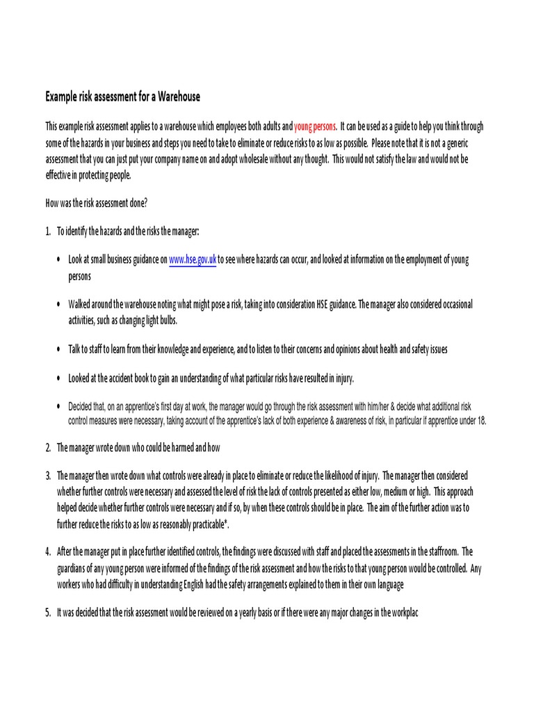 Example Risk Assessment For A Warehouse PDF | PDF | Risk Assessment | Risk