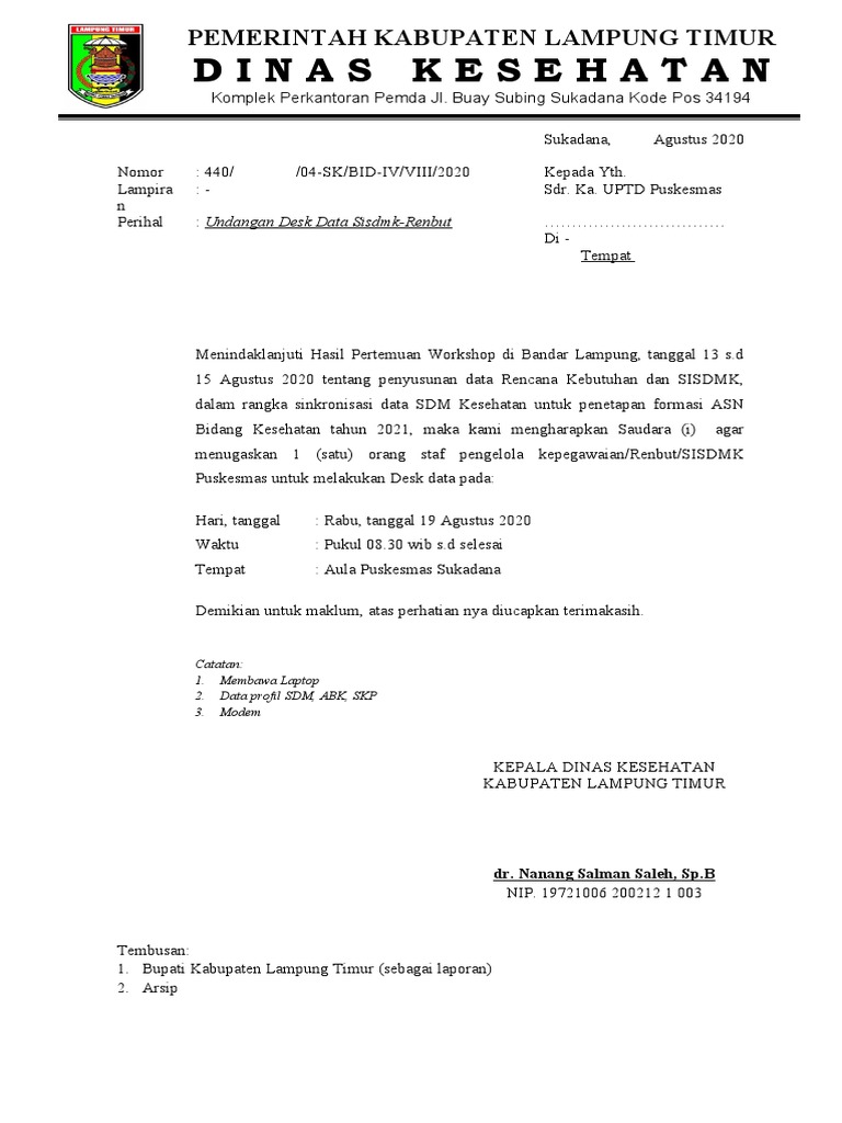 Surat Undangan Pertemuan Renbut-SISDMK Dinkes | PDF