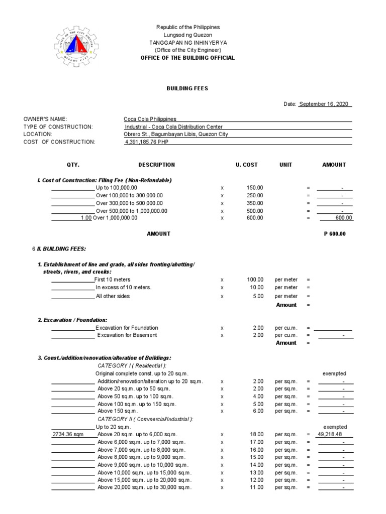 Office of The Building Official: I. Cost of Construction: Filing Fee ...