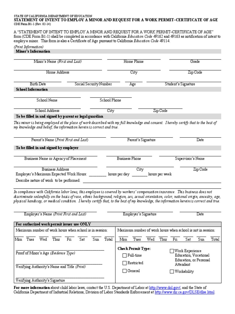 State of California Department of Education CDE Form B1-1 (Rev. 02-14 ...