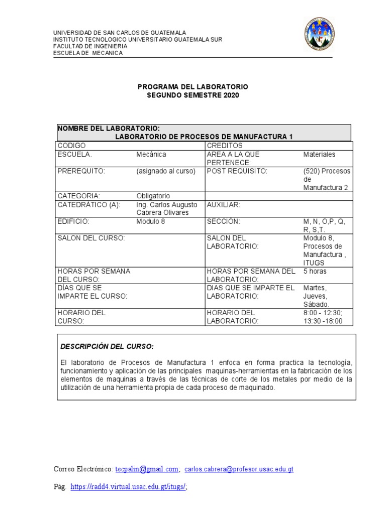 Programa Lab. Ing PM1 2-2020 | PDF | Herramienta de máquina | Laboratorios