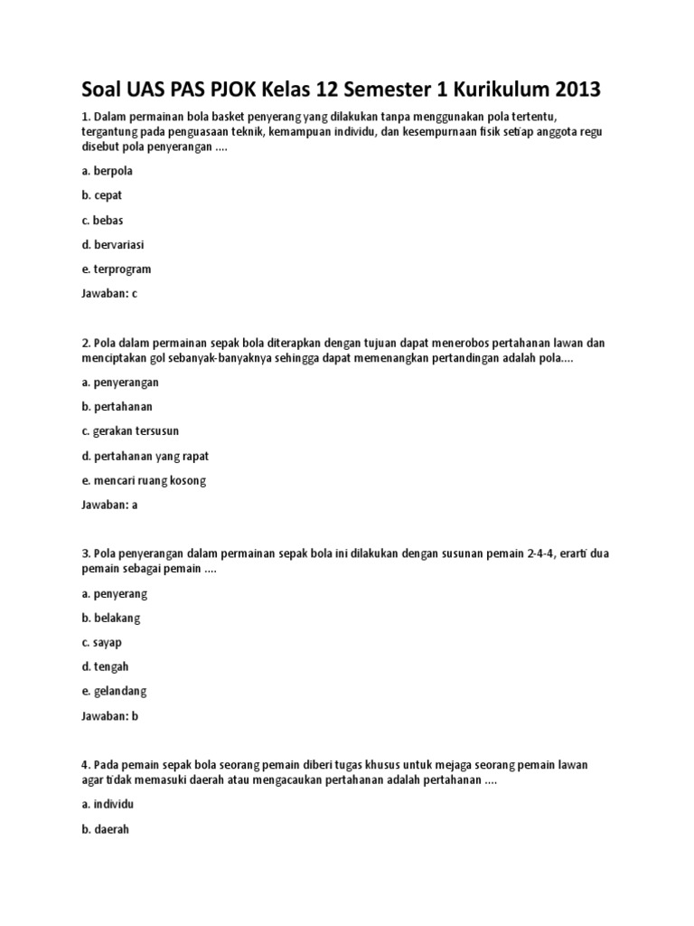 Soal UAS PAS PJOK Kelas 12 Semester 1 Kurikulum 2013 | PDF