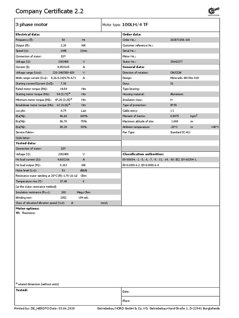Company Certificate 2.2: 3 Phase Motor 100LH/4 TF | PDF | Electric ...