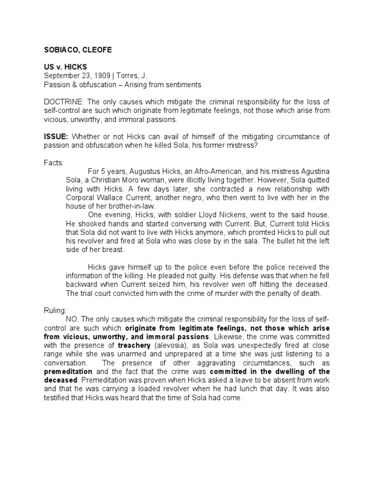 US vs. HICKS-SOBIACO Case Digest | PDF | Criminal Law | Government